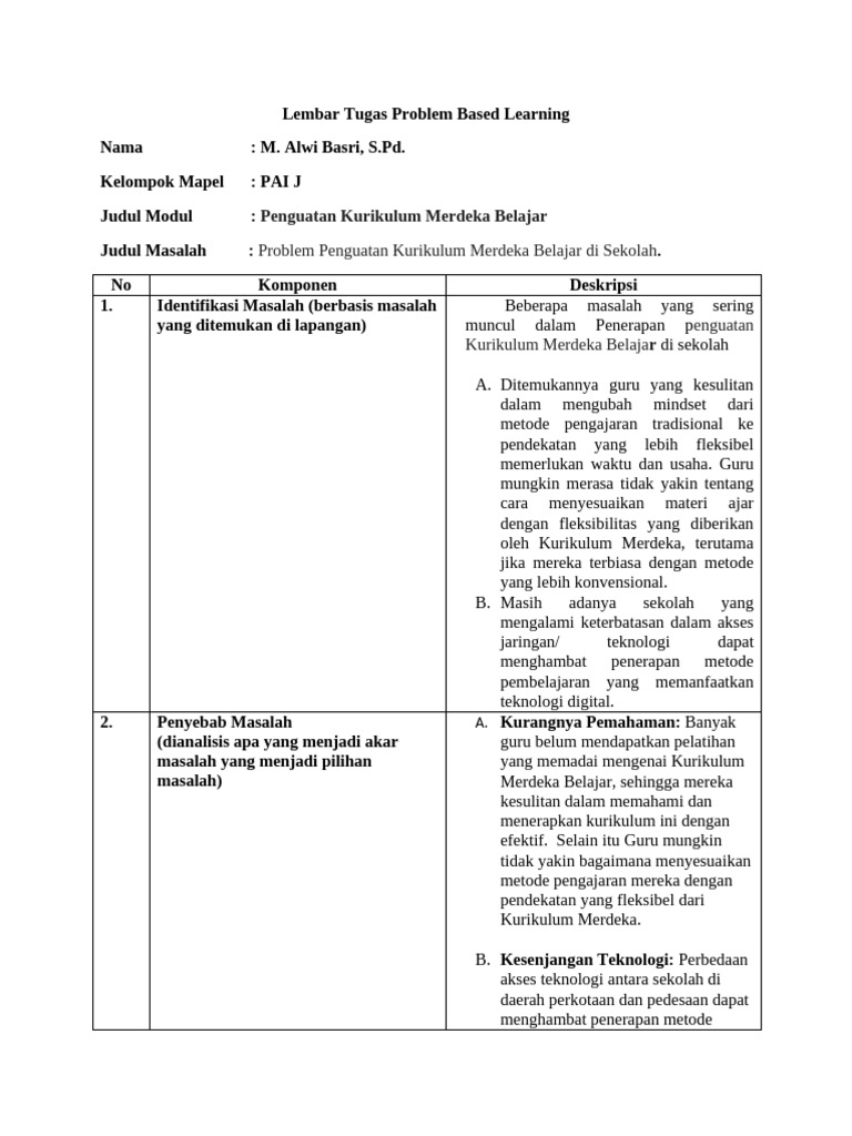 Lembar Tugas PBL Penguatan Kufikulum Merdeka | PDF