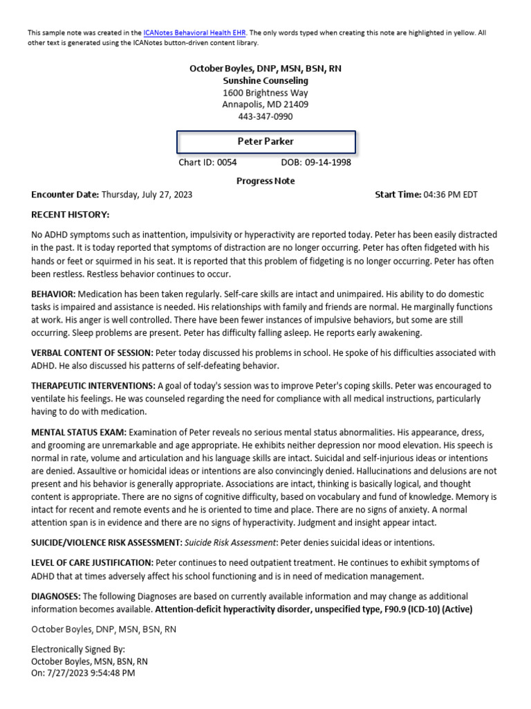 ADHD-Sample-Note | PDF | Attention Deficit Hyperactivity Disorder ...