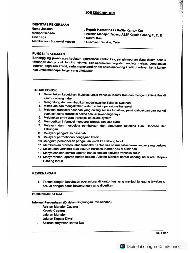 Job Desc Kepala Kantor Kas | PDF