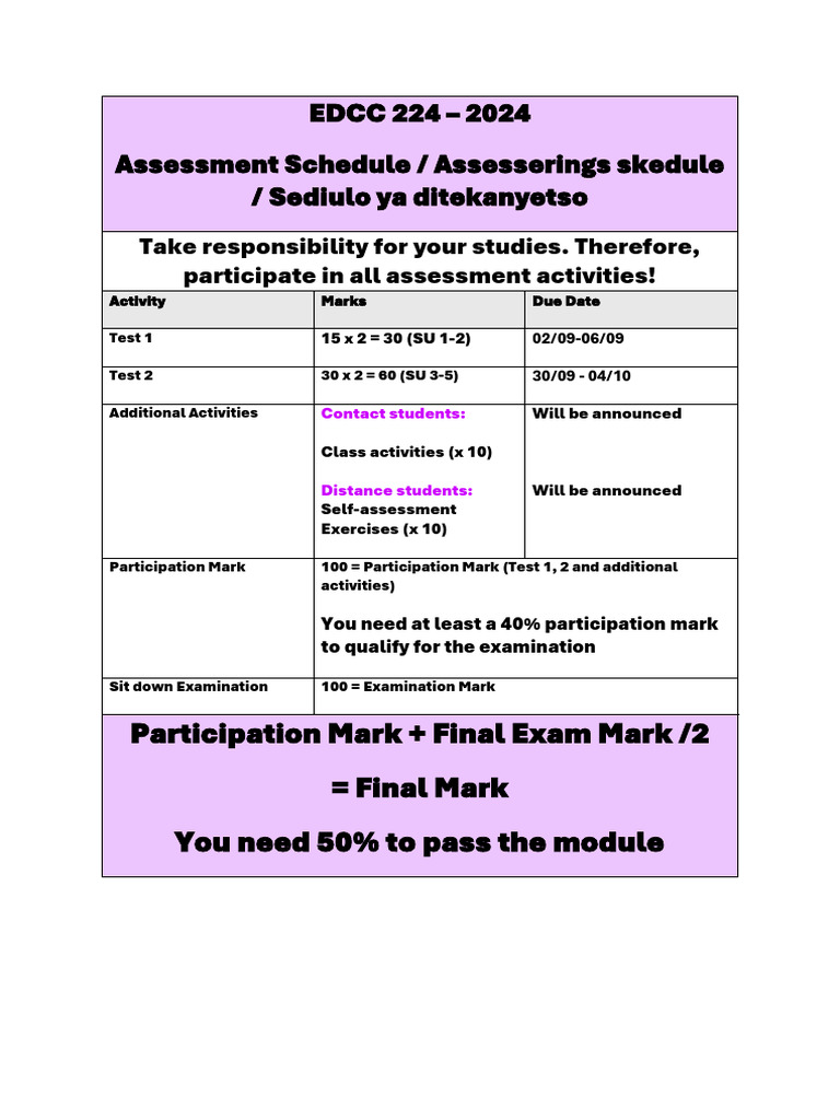 EDCC+224 2024 Assessment+Schedule | PDF