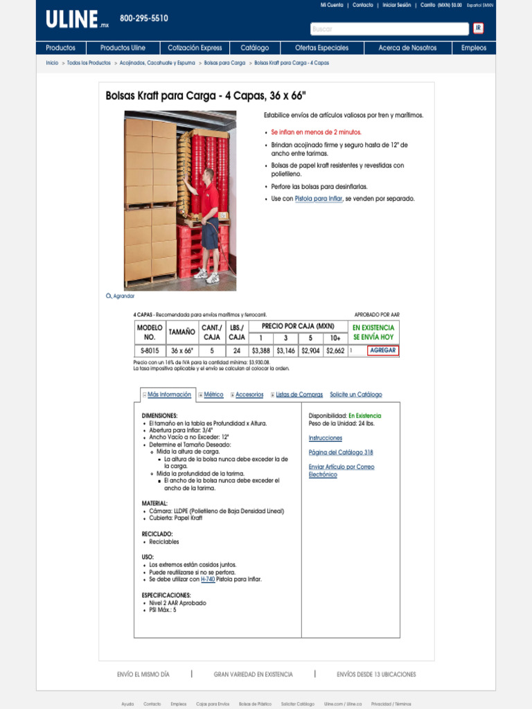 Bolsas Kraft para Carga - 4 Capas, 36 X 66" S-8015 - Uline | PDF