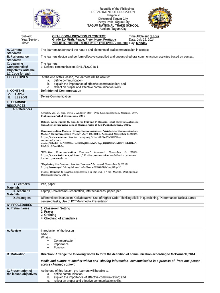 ORAL COM - WEEK 1 - 1definition | PDF | Learning | Communication