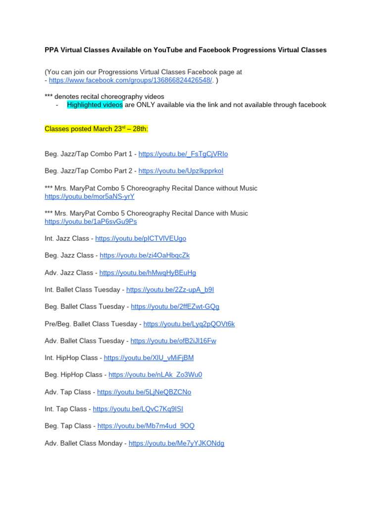 PPA Virtual Classes Master List | PDF | Choreography | Concert Dance