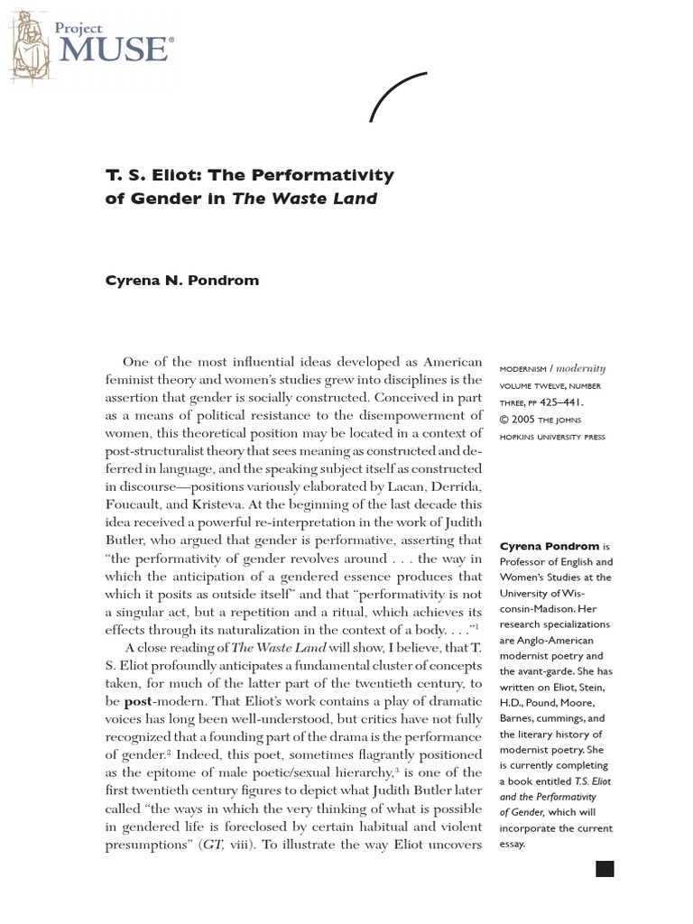 Pondrom - Gender in Waste Land | PDF | Gender | Gender Studies