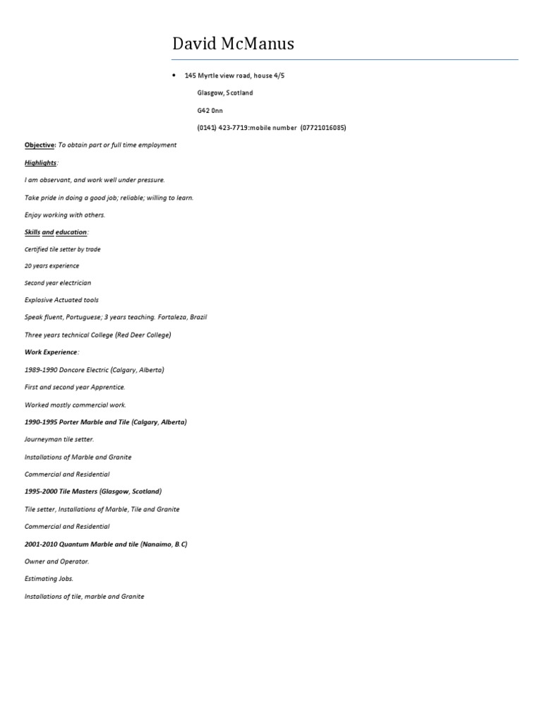 Experienced Tile Setter & Electrician Resume | PDF