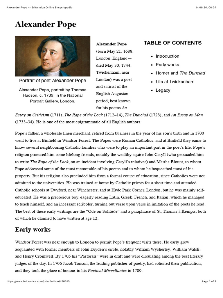 Alexander Pope -- Britannica Online Encyclopedia | PDF | Alexander Pope ...