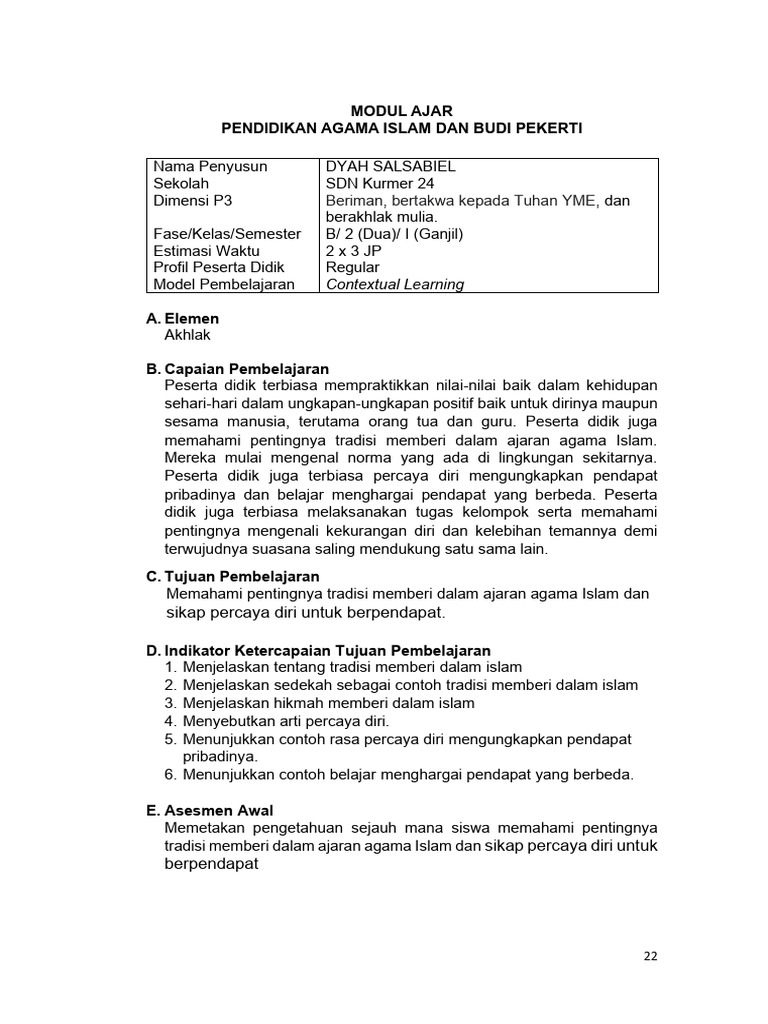 Contoh Modul Ajar Pai SD | PDF