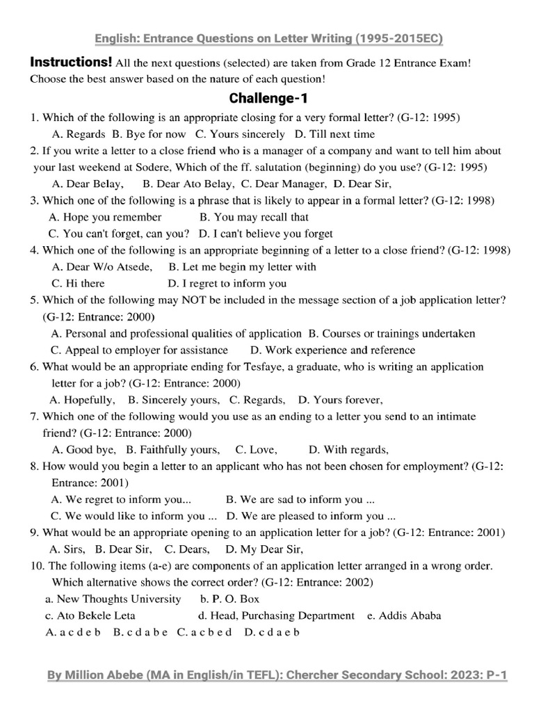 Entrance - 1995-2015EC - On Letter Writing With Answers (Dereje M) | PDF