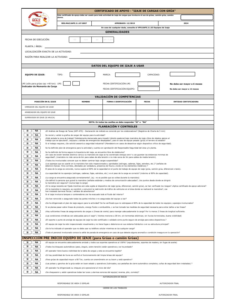 Certificado Izaje de Cargas Con Grua | PDF