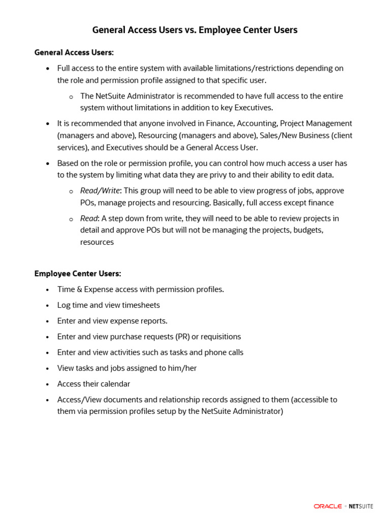Netsuite General Access Users vs. Employee Center Users | PDF