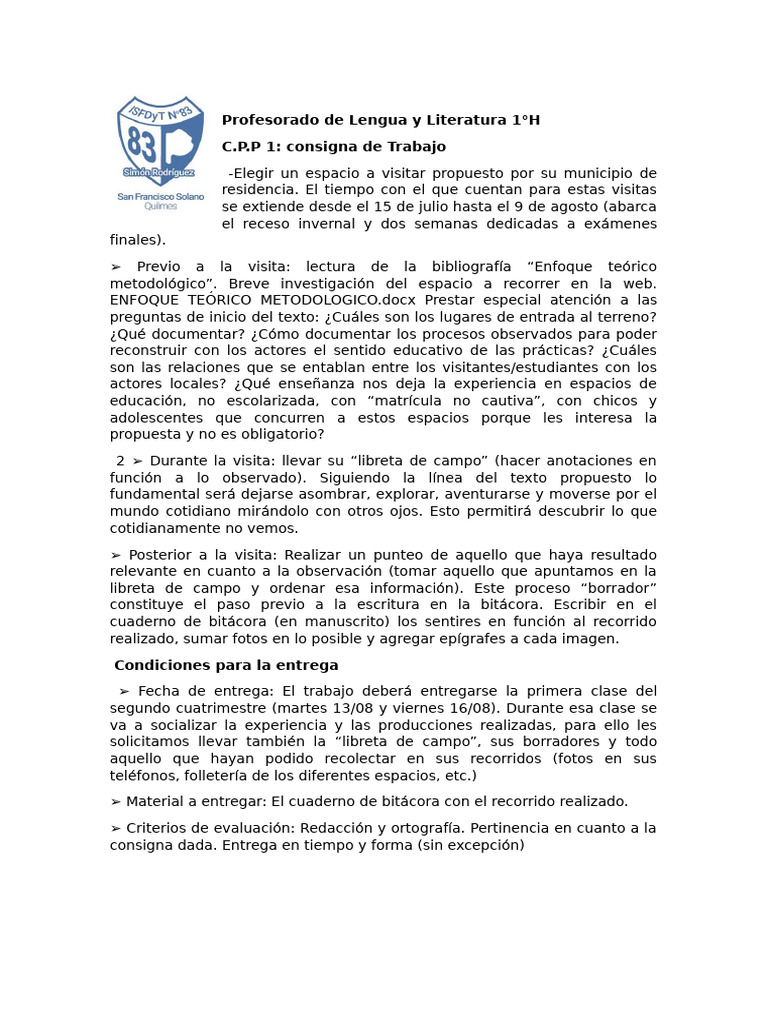 Primer Parcial-Itinerario de recorrido-1°H-CPP1 | PDF | Comunicación humana