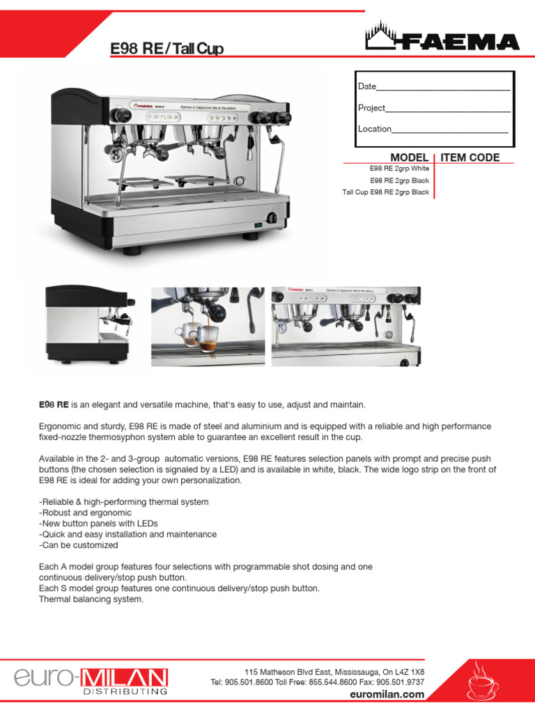 Em Faema E98+re Spec | PDF | Equipment | Manufactured Goods