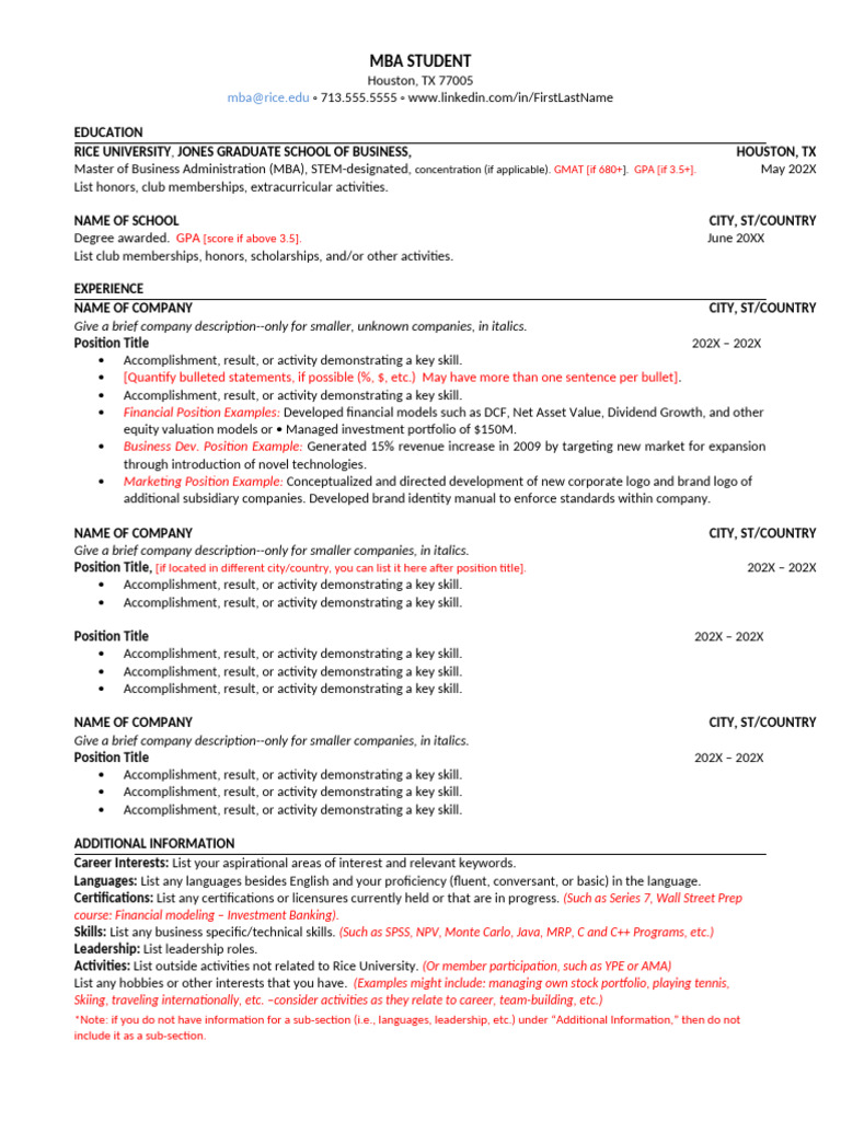 Rice Business Resume Template STEM | PDF | Master Of Business ...