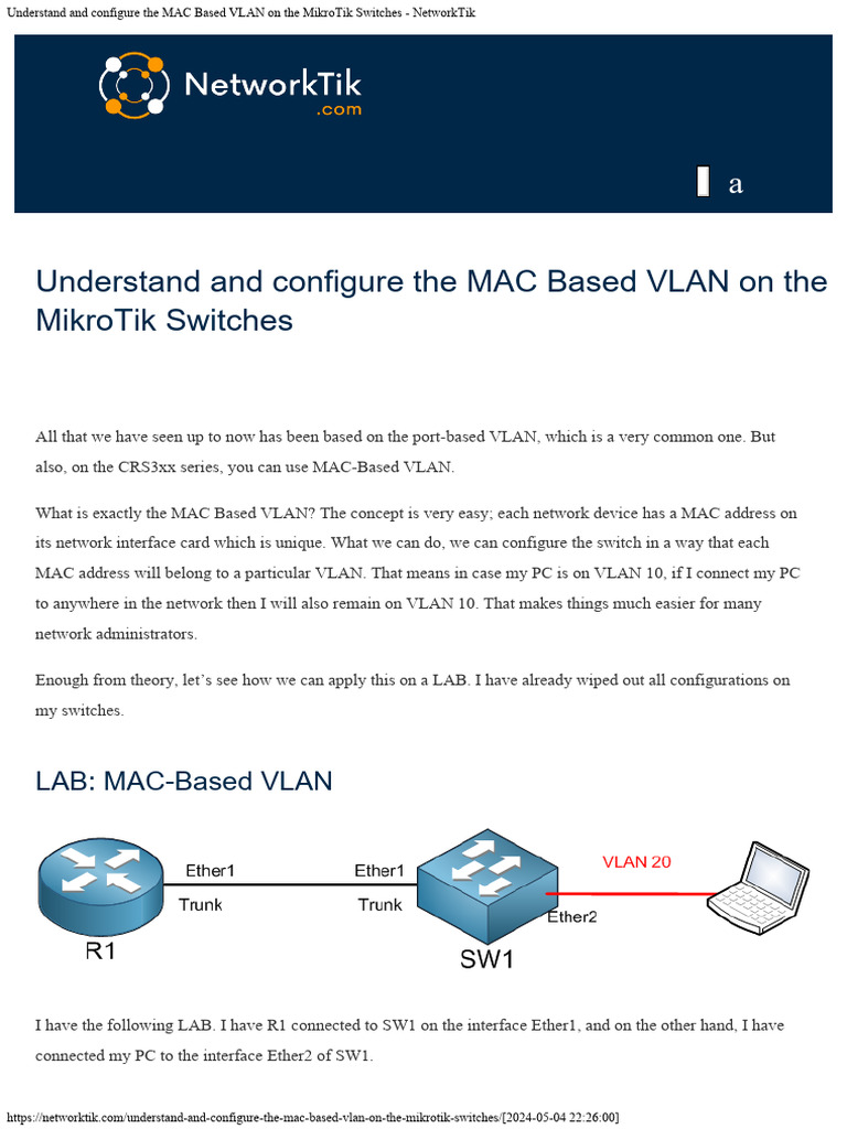 Understand and Configure The MAC Based VLAN On The MikroTik Switches - NetworkT | PDF | Network ...