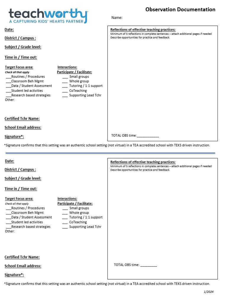 Teacher Observation Documentation Form | PDF | Learning | Behavior ...