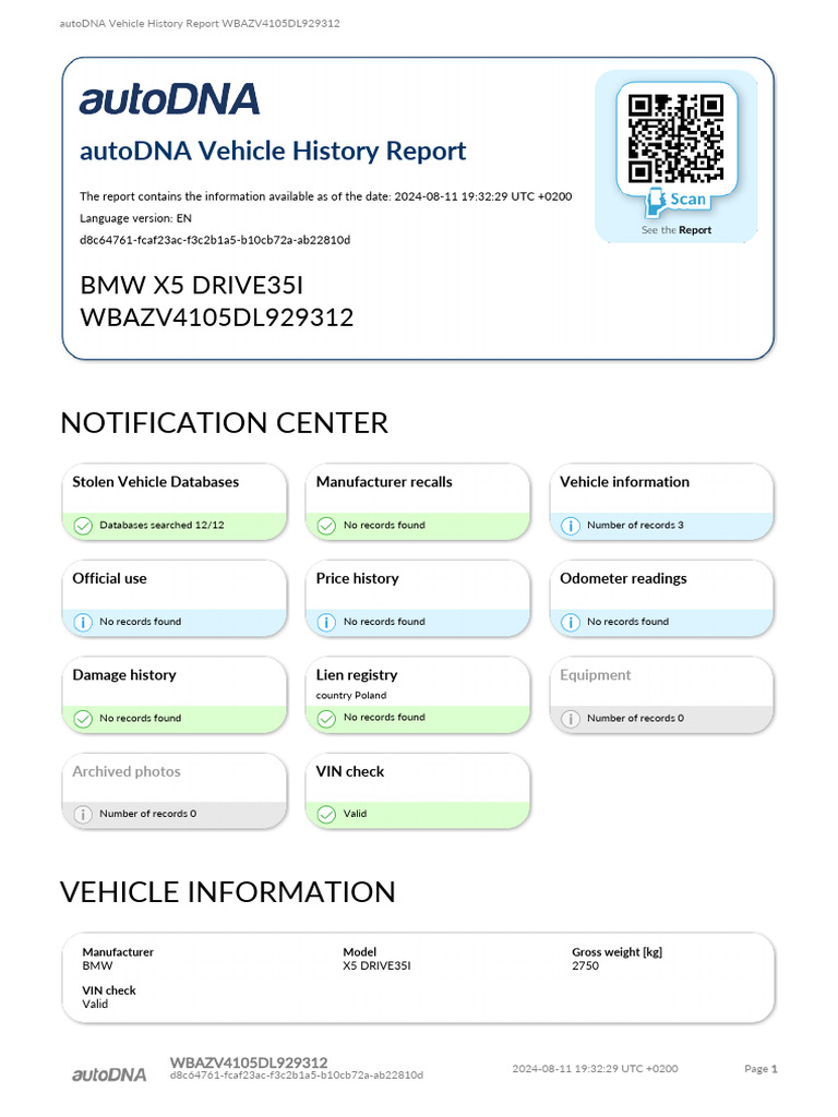 Report Autodna Wbazv4105dl929312 | PDF | Copyright | Qr Code