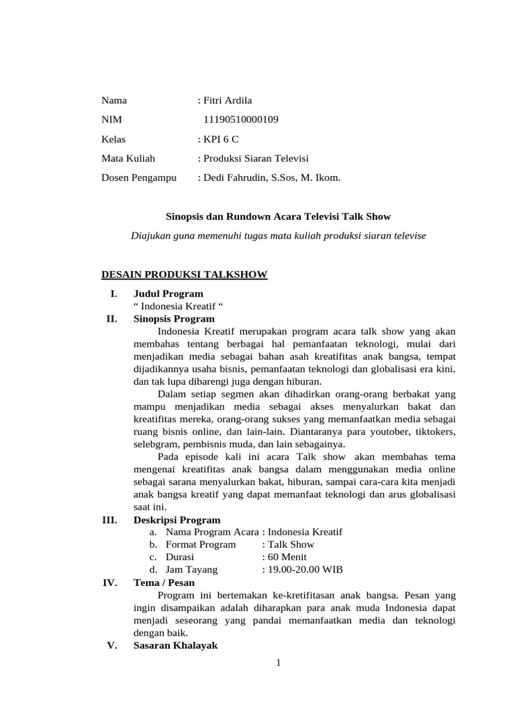Fitri Ardila - 109 - KPI 6C - Membuat Sinopsis Dan Rundown Talkshow | PDF