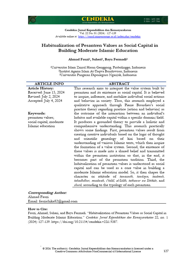 Habitualization of Pesantren Values As Social Capital in Building ...