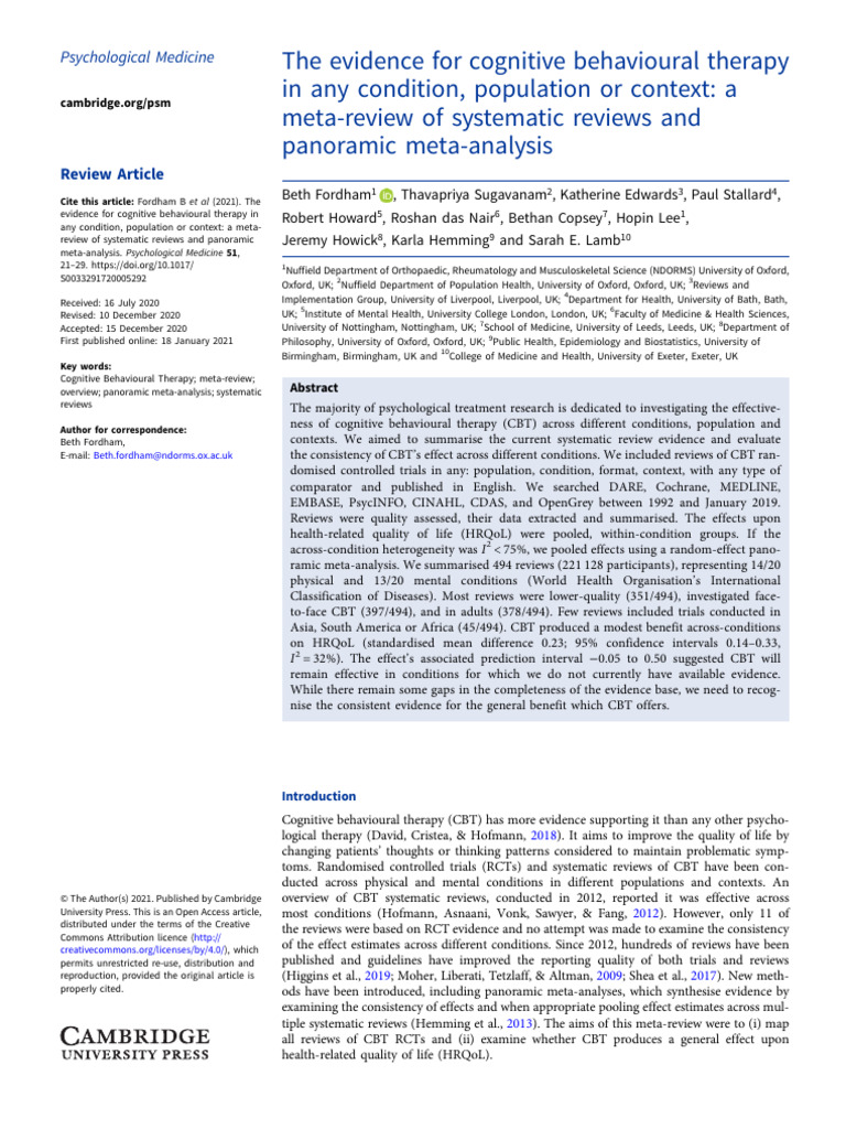 Evidência Da TCC | PDF | Cognitive Behavioral Therapy | Systematic Review