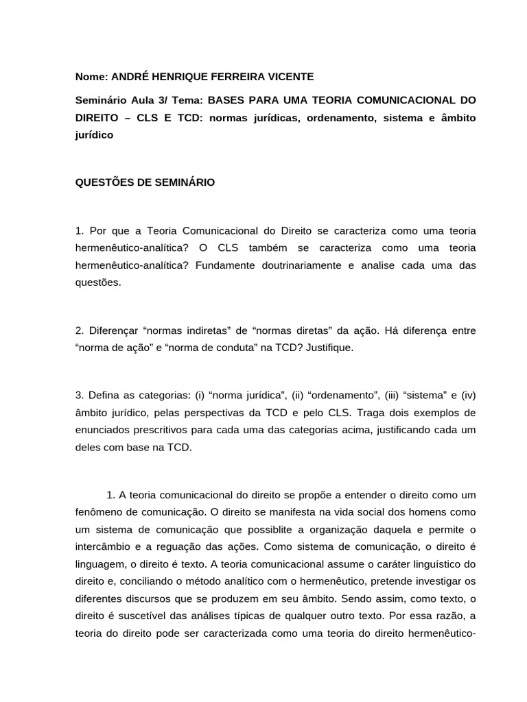 Seminário Aula 3 Tema - Bases para uma teoria comunicacional do direito ...