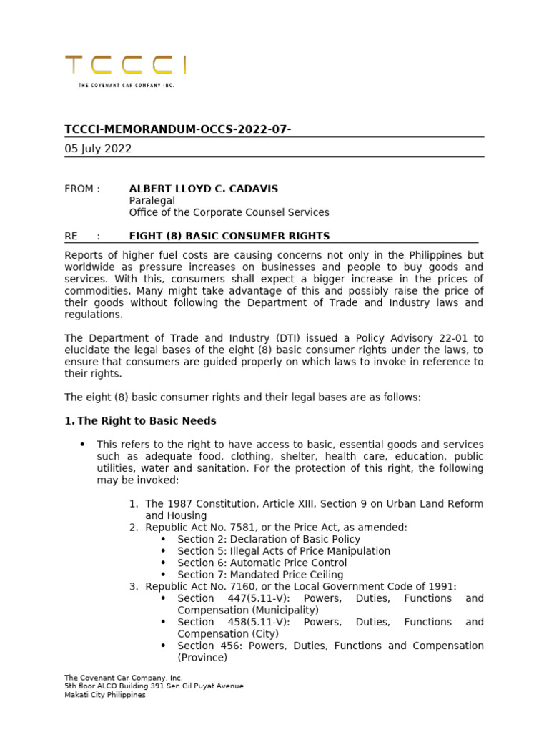 8 Basic Consumer Rights | PDF | Food Safety | Consumer Protection