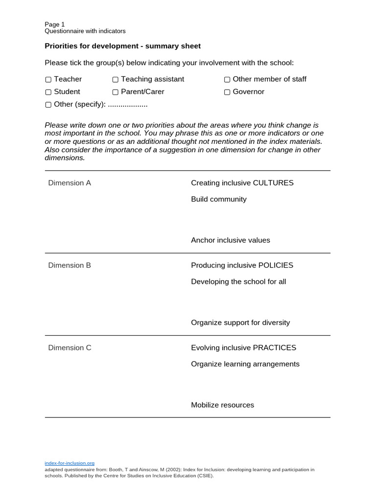 Index-for-Inclusion Questionaire1 Indicators | PDF | Inclusion ...