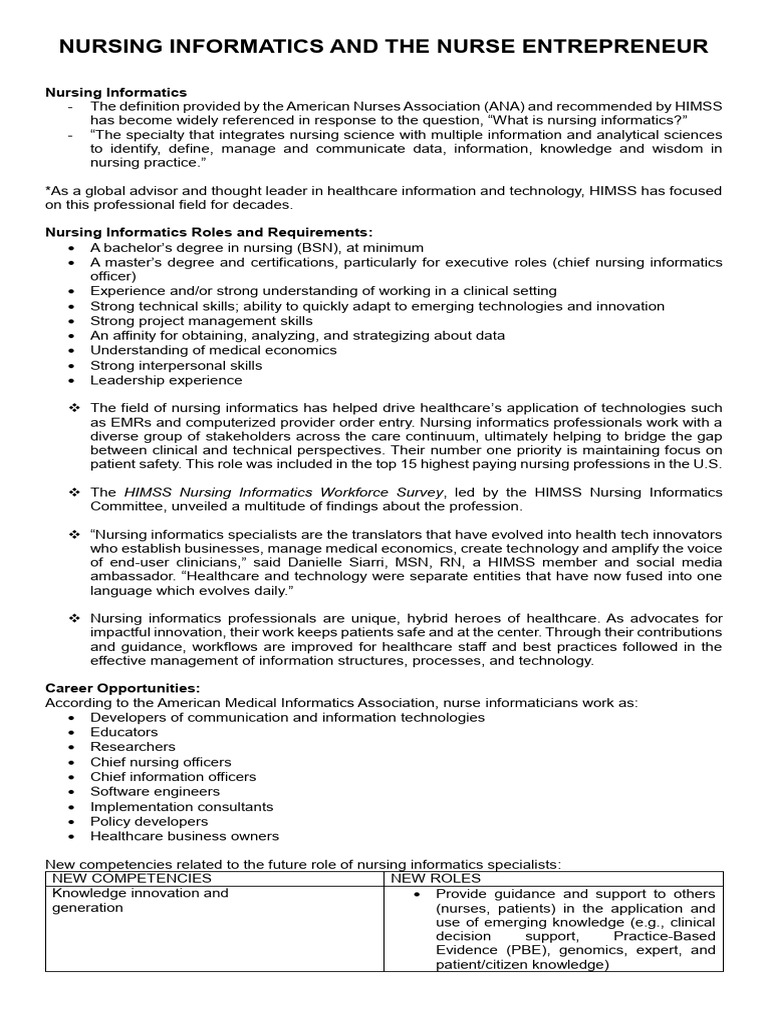 Nursing Informatics and The Nurse Entrepreneur | PDF | Nursing | Health ...
