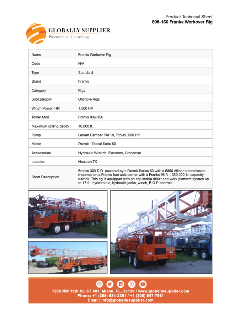 896-50 Franks Workover Rig technical Sheet | PDF