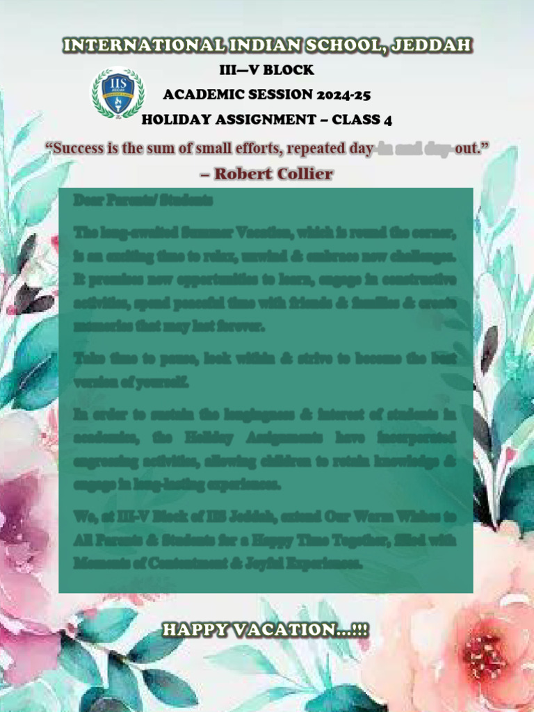 Holiday Homework Class 4 2024-25 | PDF | Numbers | Books