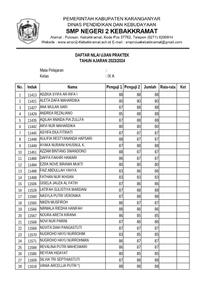 Daftar Nilai Praktek 2023-2024 | PDF