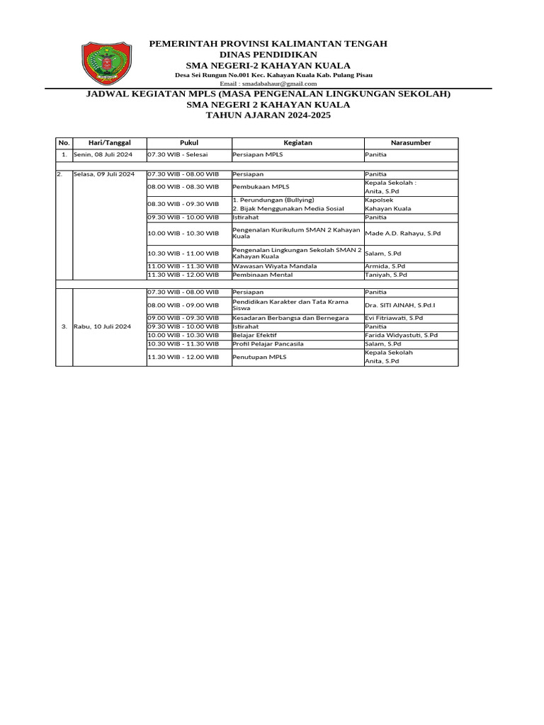 Jadwal Kegiatan MPLS (2024-2025) | PDF