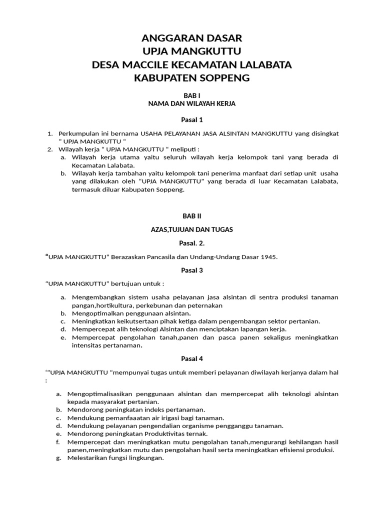 Anggaran Dasar UPJA Mangkuttu Soppeng | PDF