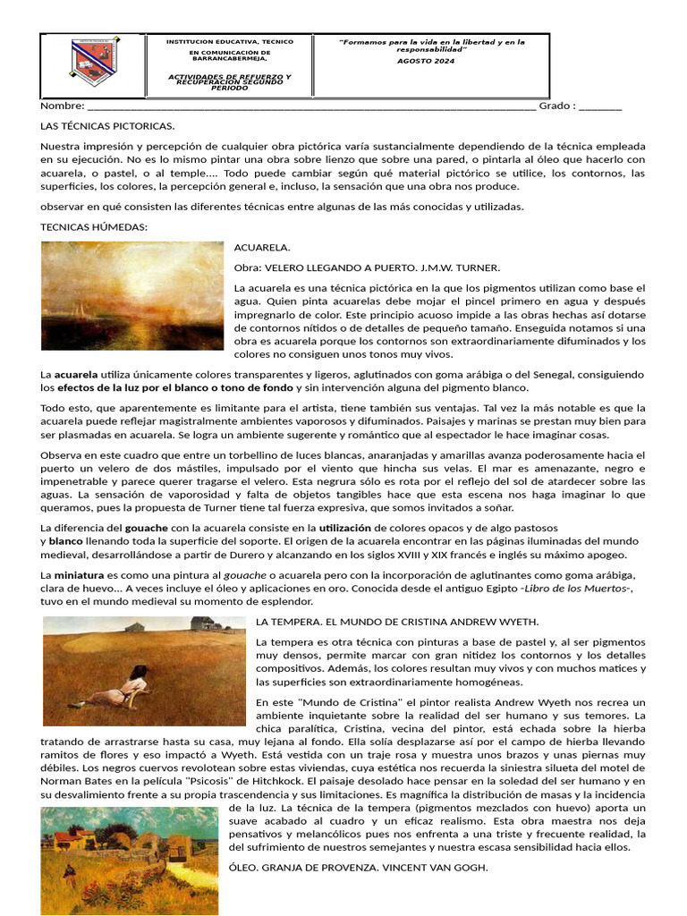 Técnicas Pictóricas: Acuarela, Tempera y Óleo | PDF | Pinturas ...