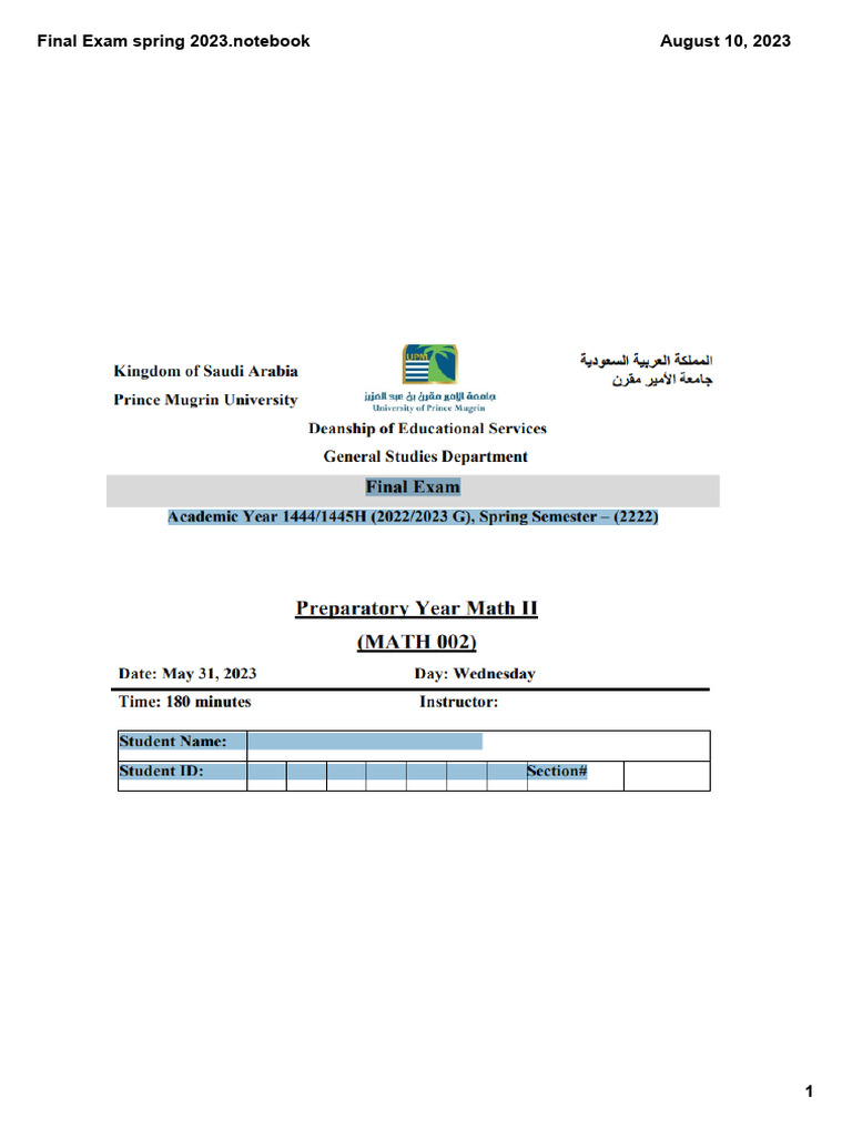 Soluion Final Exam MATH002-SPRING2023 | PDF