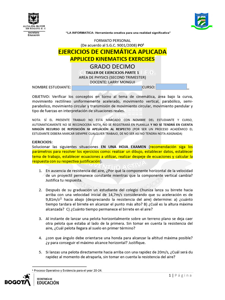 A3 - Taller de Ejercicios INDIVIDUAL | PDF | Velocidad | Cinemática