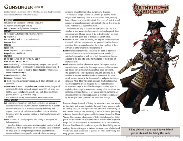 Pathfinder Iconic Gunslinger - Level 1 | PDF | Projectile Weapons ...