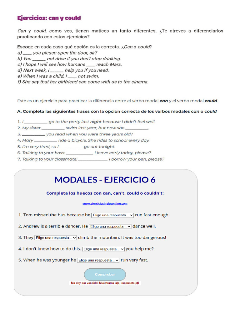 Ejercicios Can y Could para Rellenar | PDF