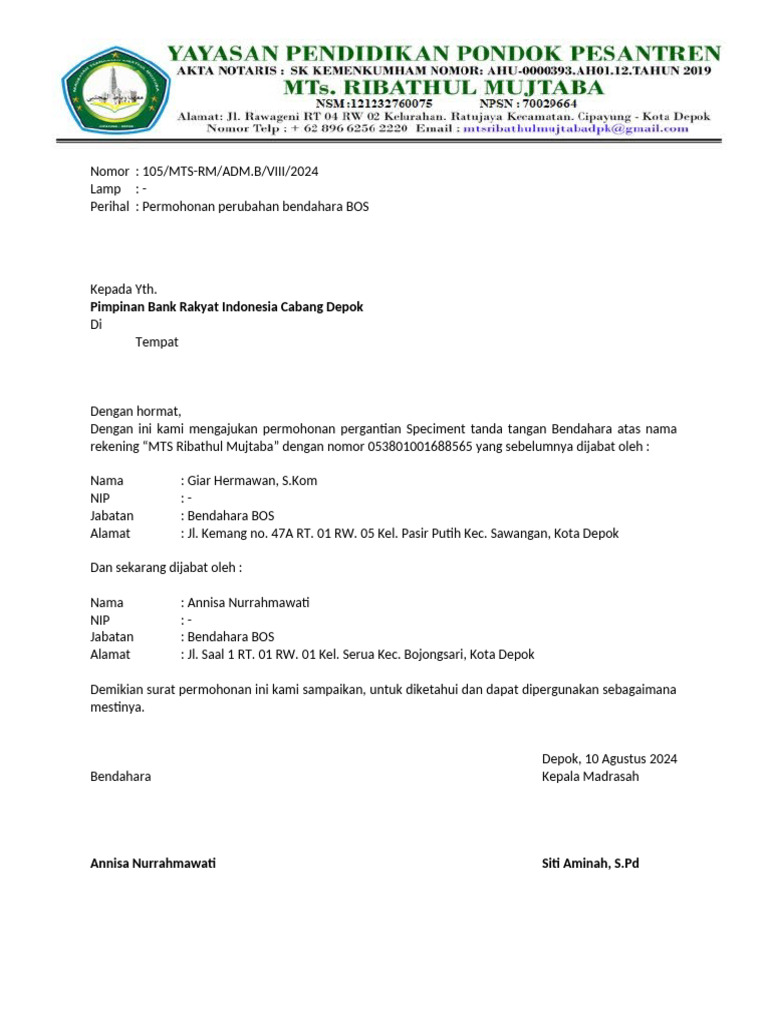 Surat Permohonan Pergantian Bendahara BOS Ke Bank | PDF