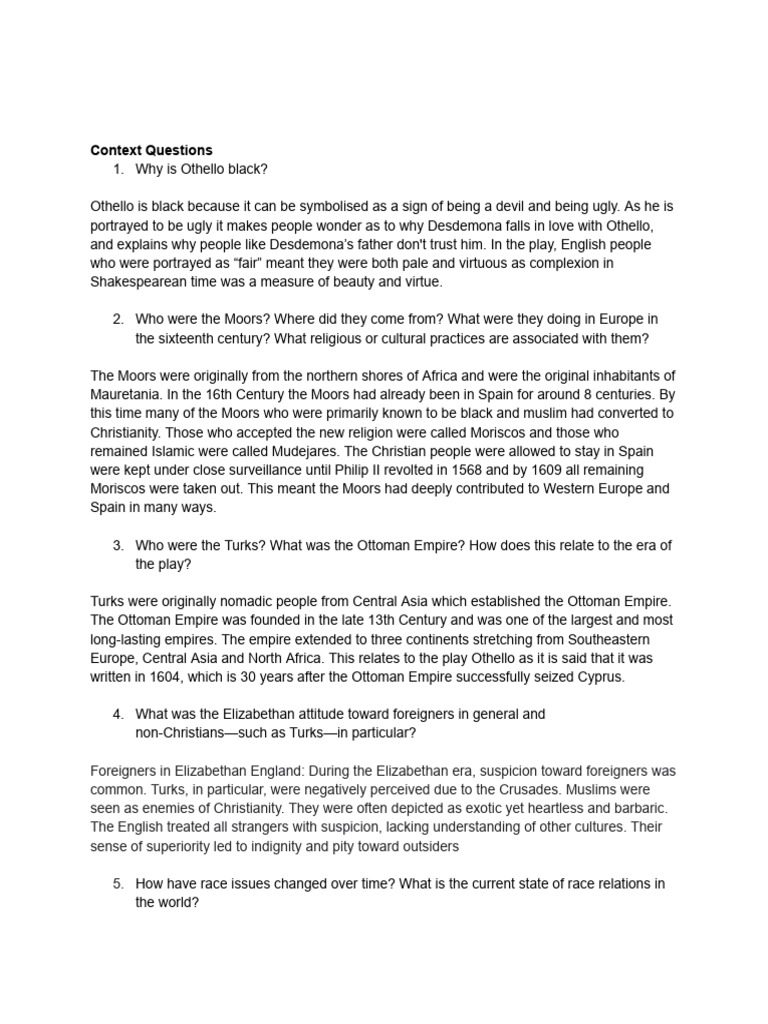 Othello Context Questions and Answers | PDF | Othello | Iago