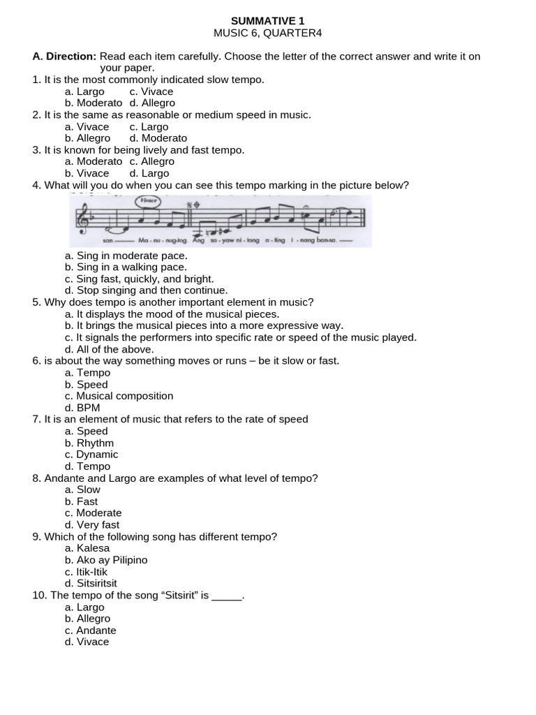 Music Tempo Quiz for Grade 6 | PDF | Tempo | Musical Forms
