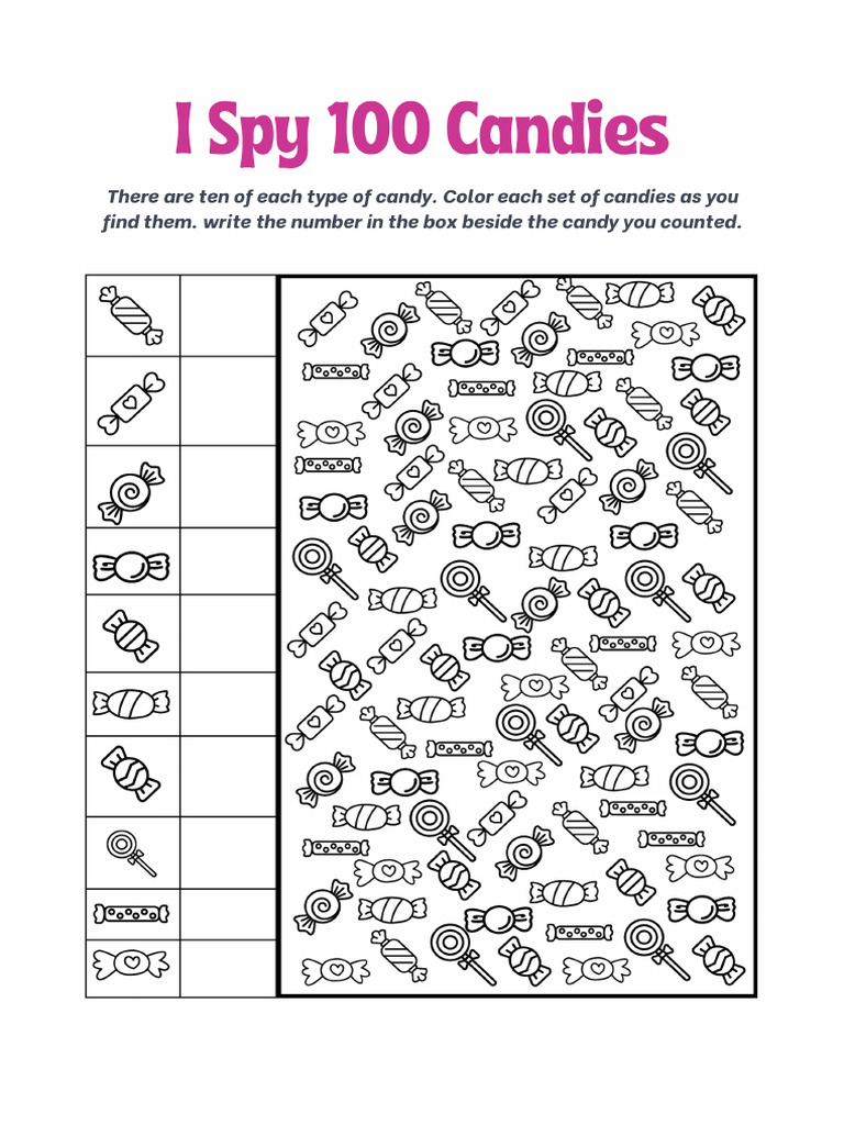 Pink I Spy 100 Candies Worksheet | PDF