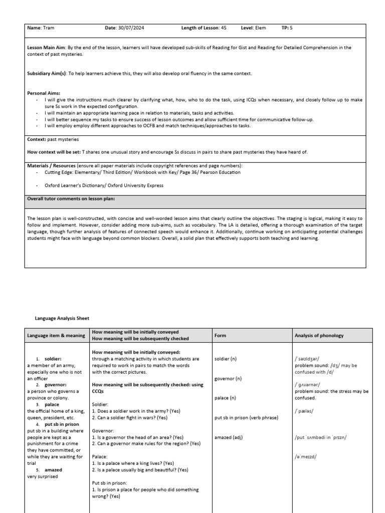 CELTA Teaching Practice 5 - Lesson Plan With Feedback From Tutor | PDF ...