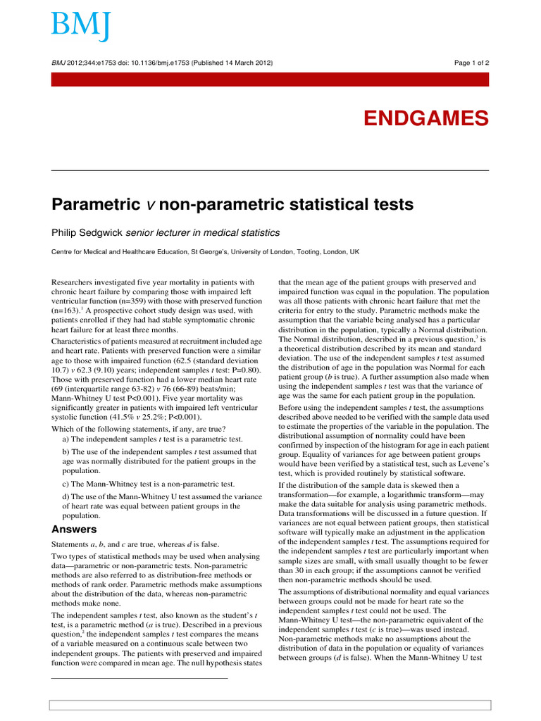 Lecture3 Parametric Vs Non Parametric Statistical Test Pdf
