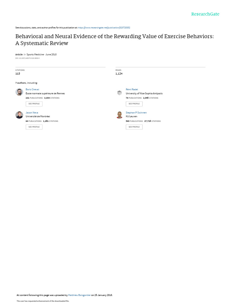 Behavioral and Neural Evidence of The Rewarding Value of Exercise ...