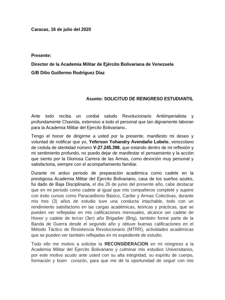 Carta de Solicitud de Reingreso | PDF | Relaciones personales, crianza ...