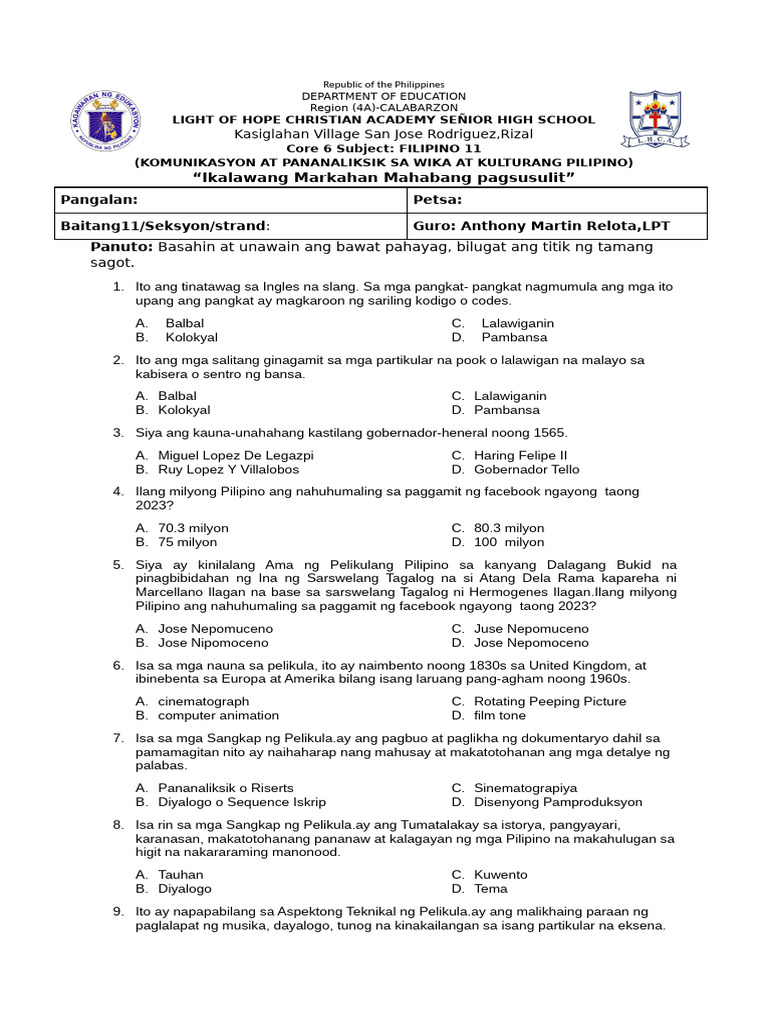 Q2 Filipino 11 Midterm Exam | PDF