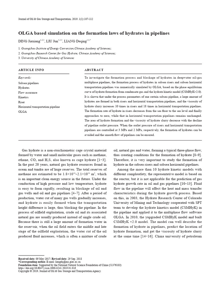 OLGA Based Simulation On The Formation Laws of Hydrates in Pipelines ...