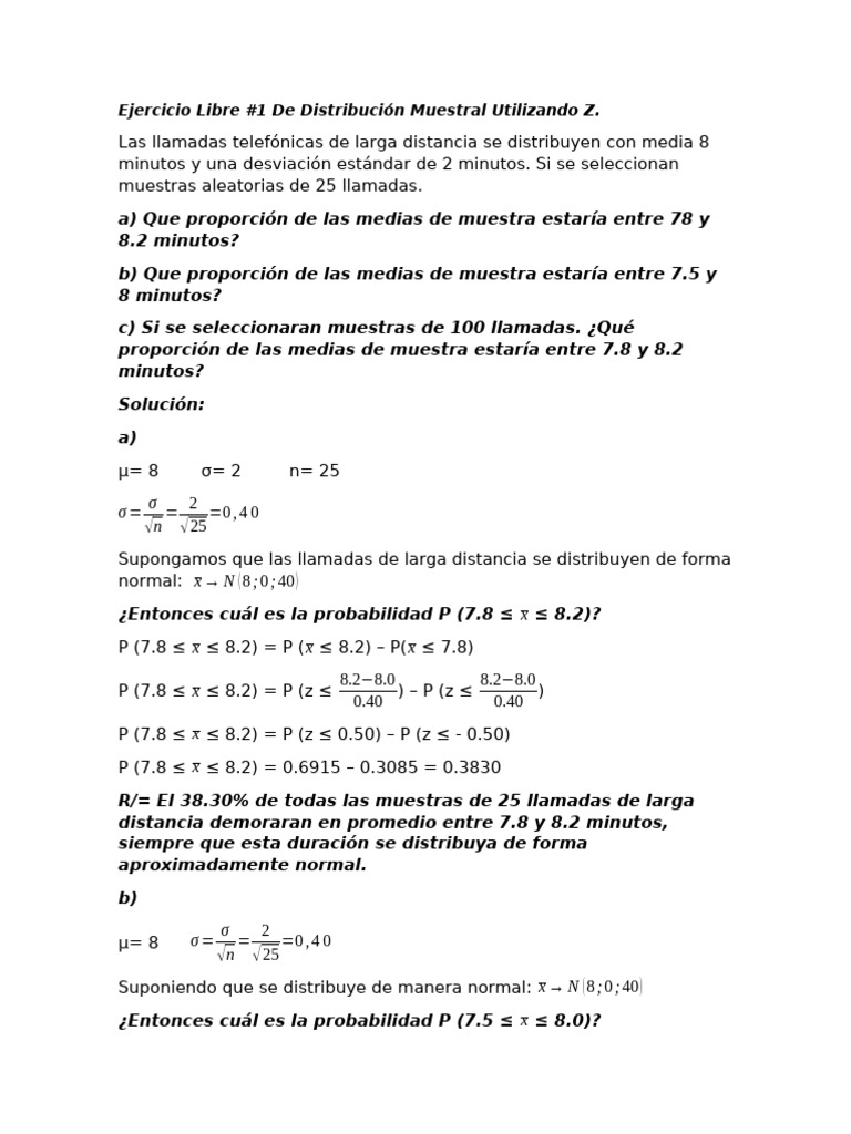 Ejercicio Libre Distribucion Muestral Utilizando Z (Jose Mendez) | PDF | Probabilidades y ...