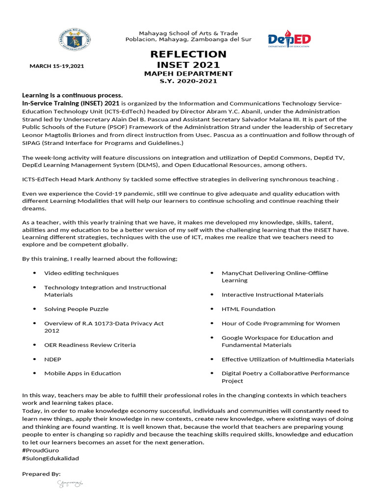 INSET REFLECTION 2021 | PDF | Educational Technology | Learning