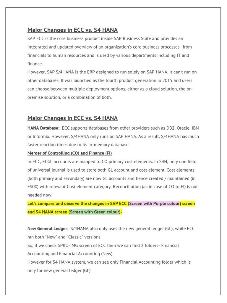 Major Changes Ecc vs S4hana | PDF | Depreciation | Income Statement